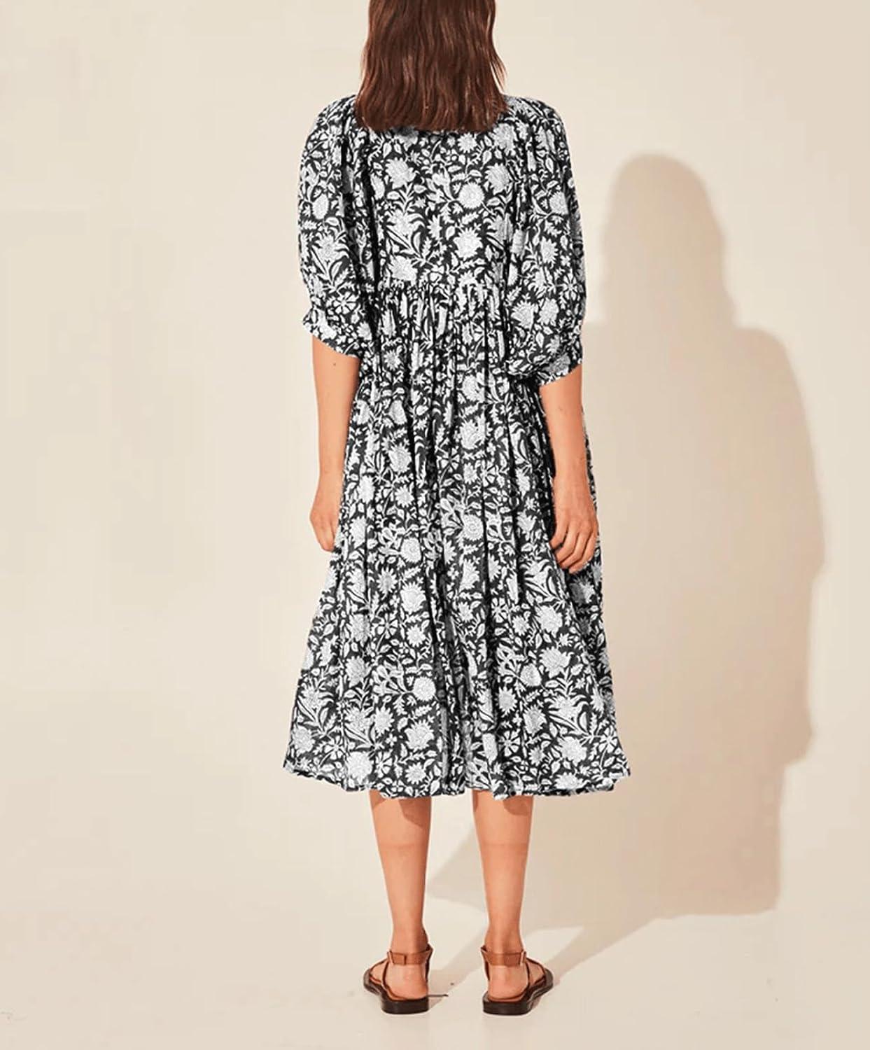 CHARTOU Women’s Vintage Floral 3/4 Sleeve Ruffle Midi Long Dress V Neck ...