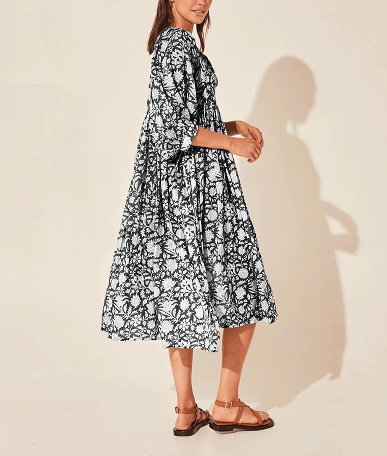 CHARTOU Women’s Vintage Floral 3/4 Sleeve Ruffle Midi Long Dress V Neck ...