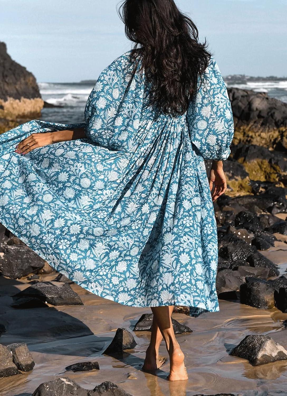 CHARTOU Women’s Vintage Floral 3/4 Sleeve Ruffle Midi Long Dress V Neck ...