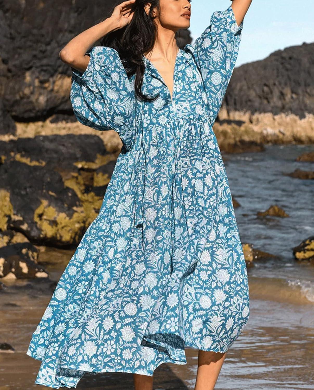 CHARTOU Women’s Vintage Floral 3/4 Sleeve Ruffle Midi Long Dress V Neck ...