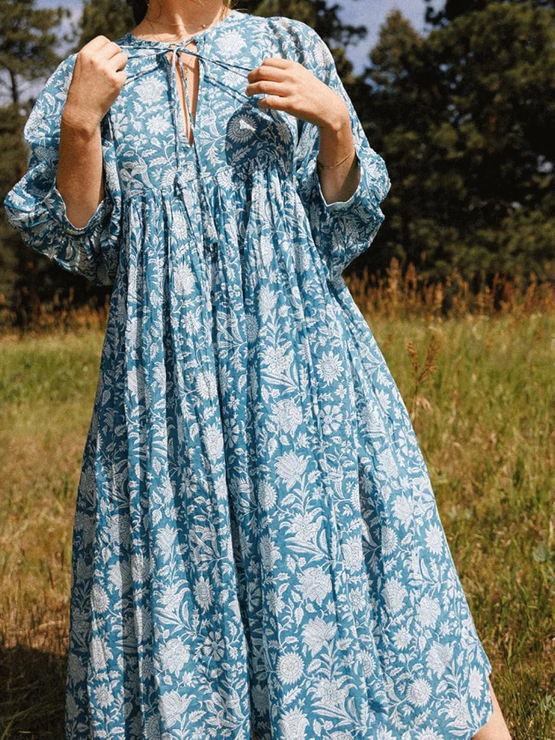 CHARTOU Women’s Vintage Floral 3/4 Sleeve Ruffle Midi Long Dress V Neck ...