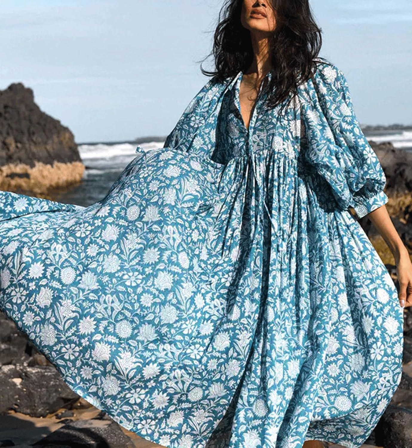 CHARTOU Women’s Vintage Floral 3/4 Sleeve Ruffle Midi Long Dress V Neck ...