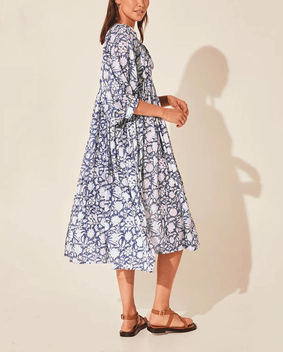 CHARTOU Women’s Vintage Floral 3/4 Sleeve Ruffle Midi Long Dress V Neck ...