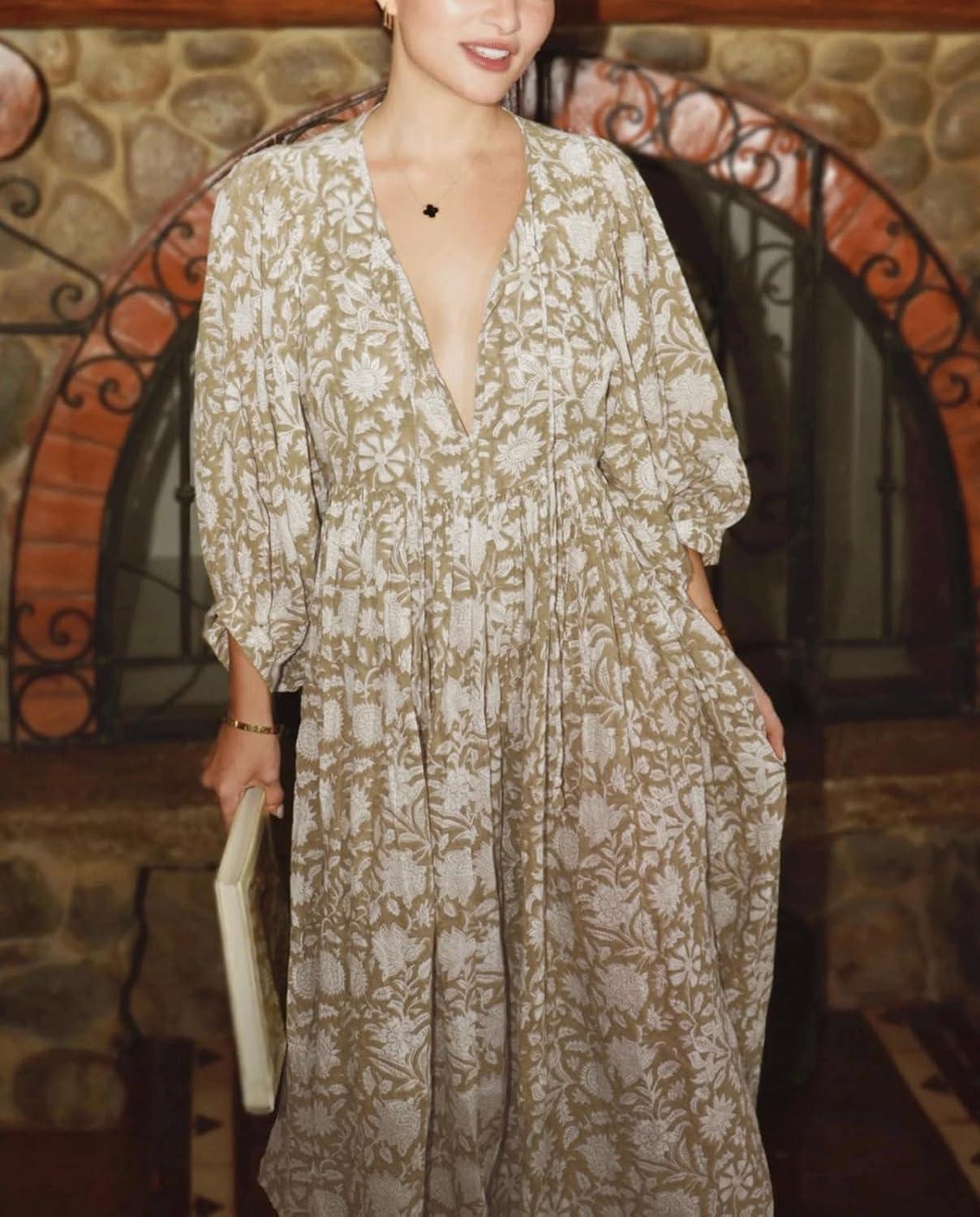 CHARTOU Women’s Vintage Floral 3/4 Sleeve Ruffle Midi Long Dress V Neck ...