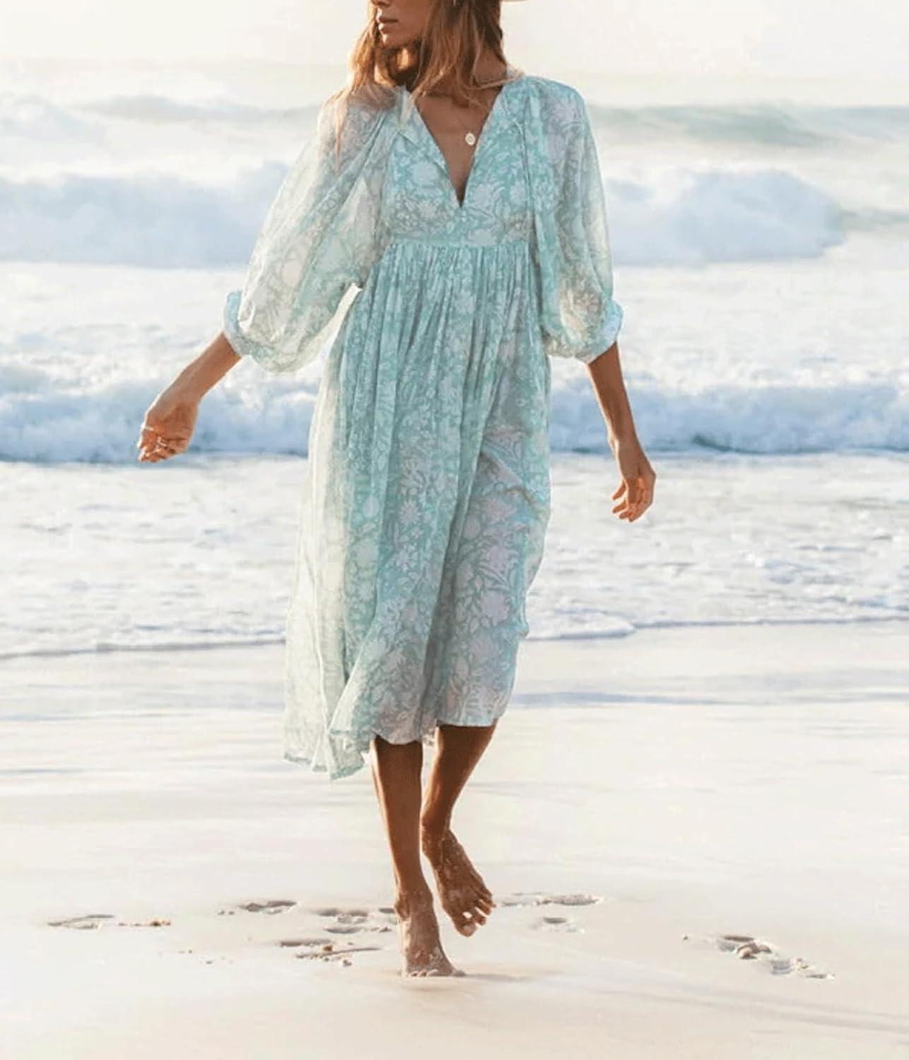 CHARTOU Women’s Vintage Floral 3/4 Sleeve Ruffle Midi Long Dress V Neck ...