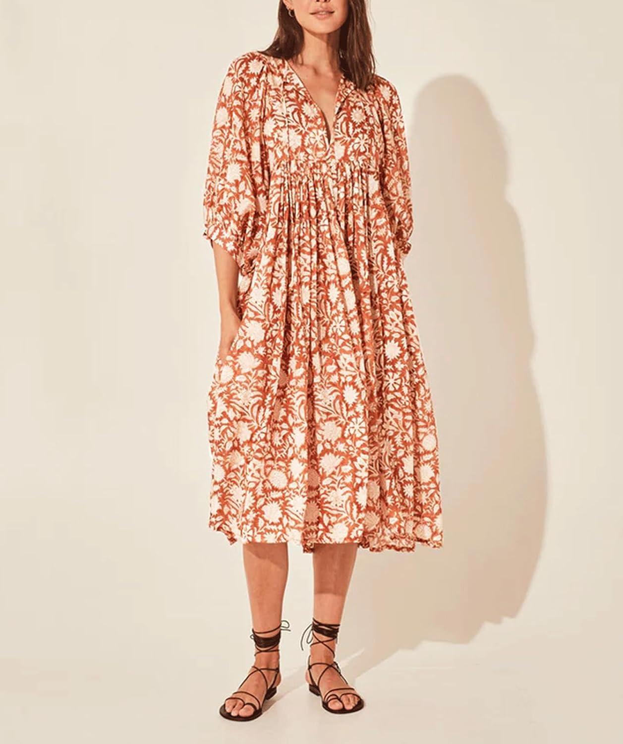 CHARTOU Women’s Vintage Floral 3/4 Sleeve Ruffle Midi Long Dress V Neck ...