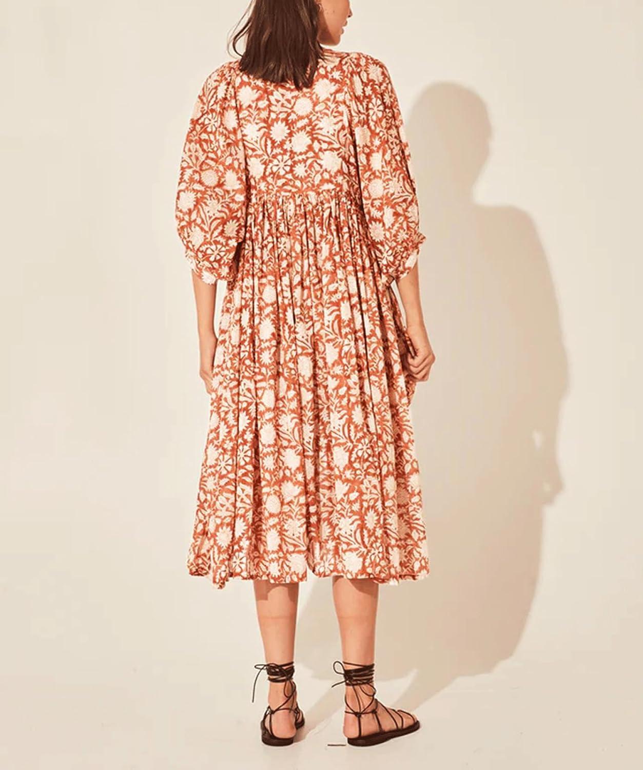 CHARTOU Women’s Vintage Floral 3/4 Sleeve Ruffle Midi Long Dress V Neck ...