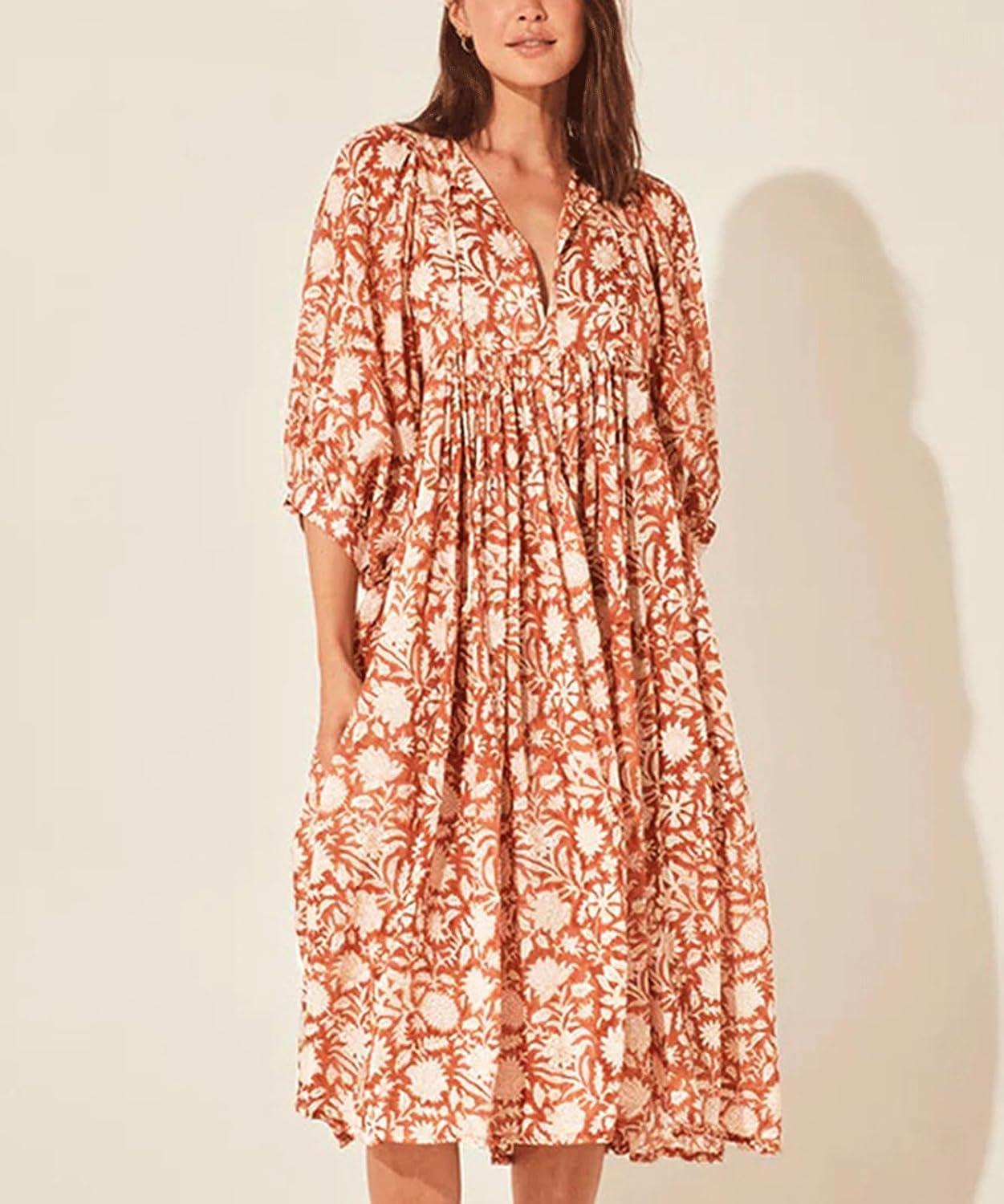 CHARTOU Women’s Vintage Floral 3/4 Sleeve Ruffle Midi Long Dress V Neck ...