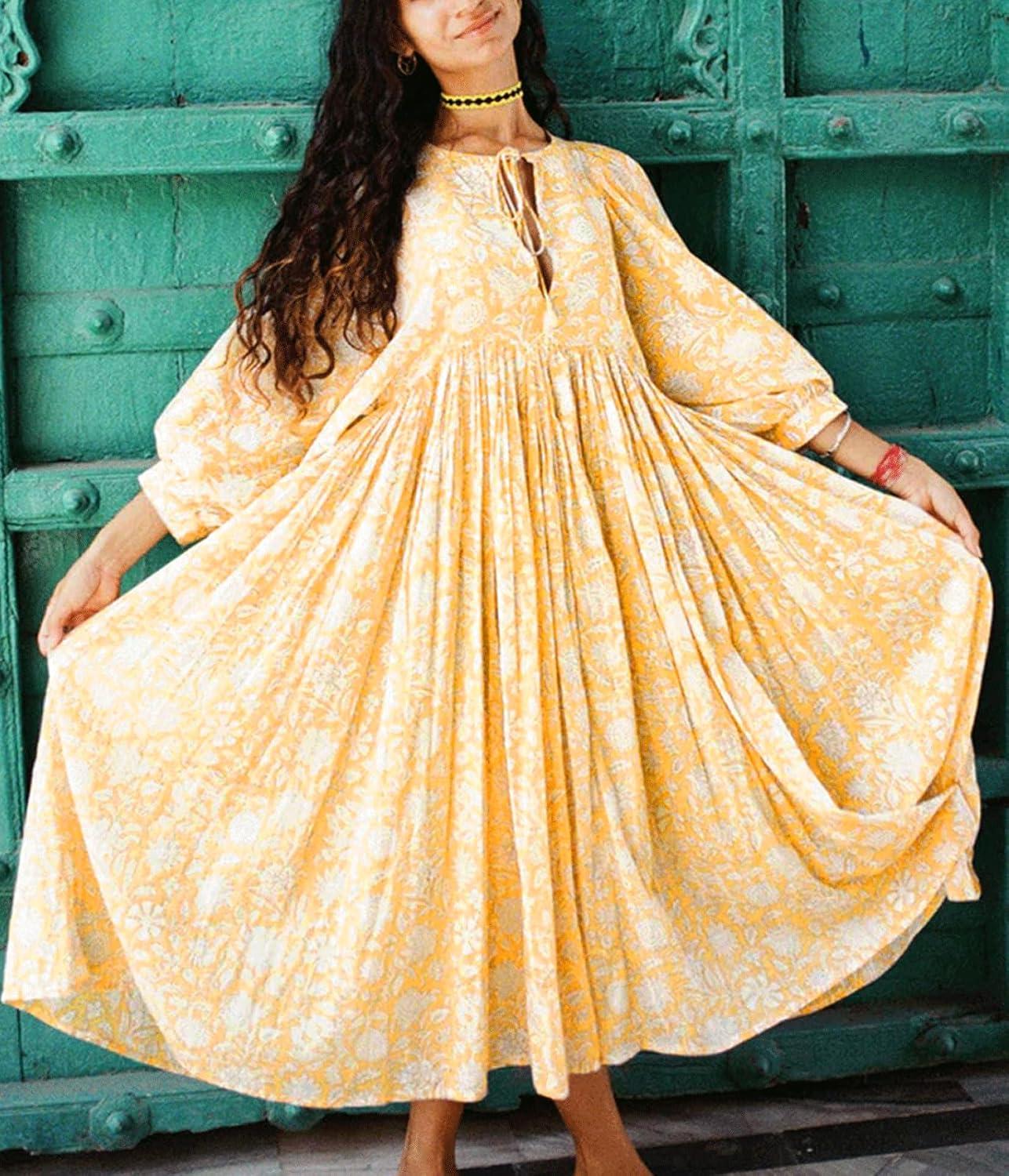 CHARTOU Women’s Vintage Floral 3/4 Sleeve Ruffle Midi Long Dress V Neck ...