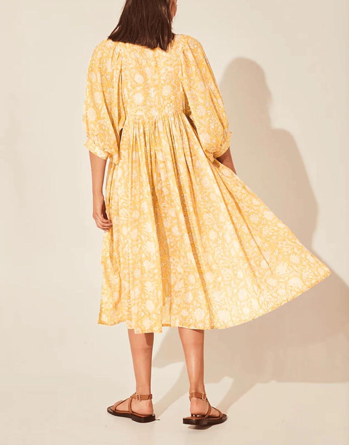CHARTOU Women’s Vintage Floral 3/4 Sleeve Ruffle Midi Long Dress V Neck ...