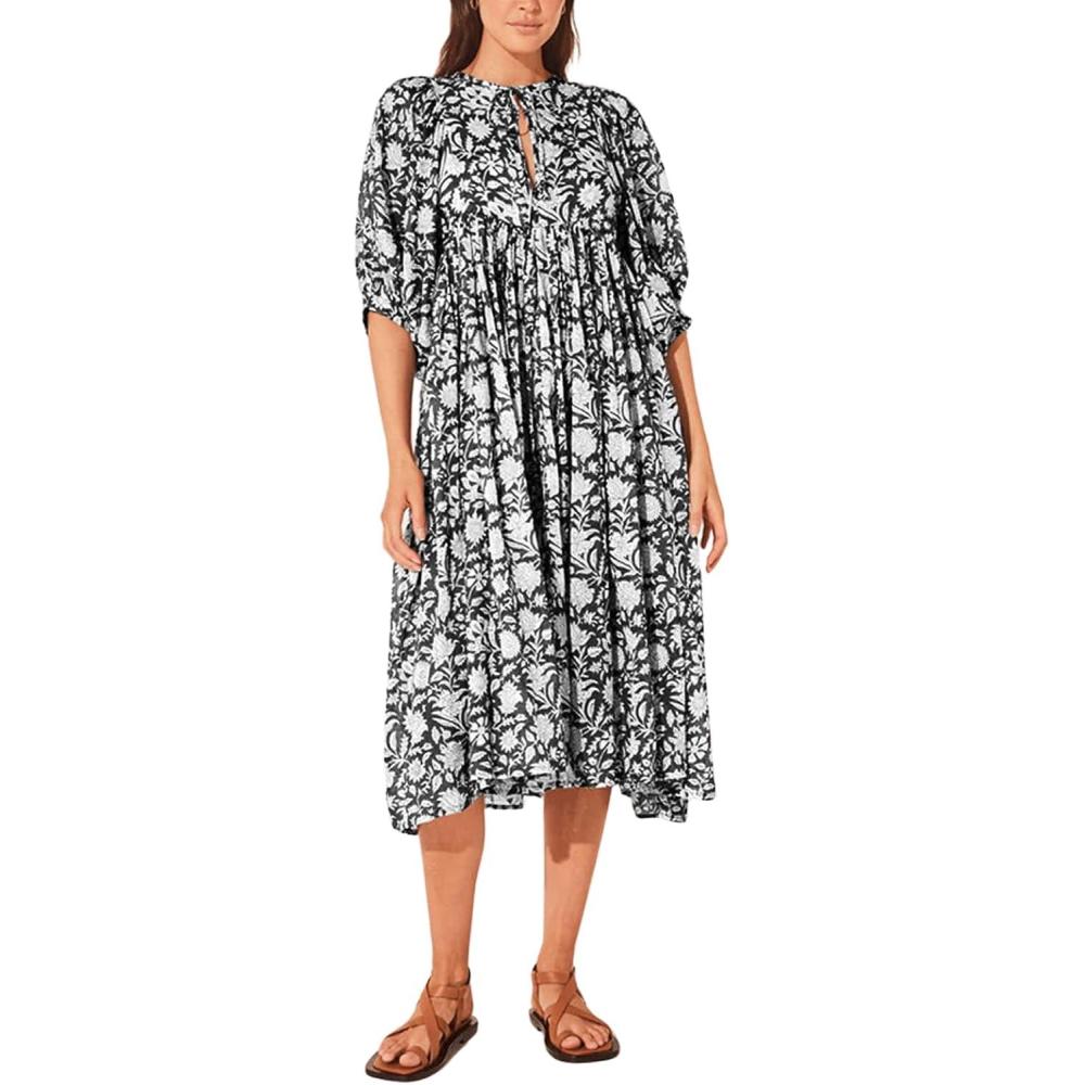 CHARTOU Women’s Vintage Floral 3/4 Sleeve Ruffle Midi Long Dress V Neck ...