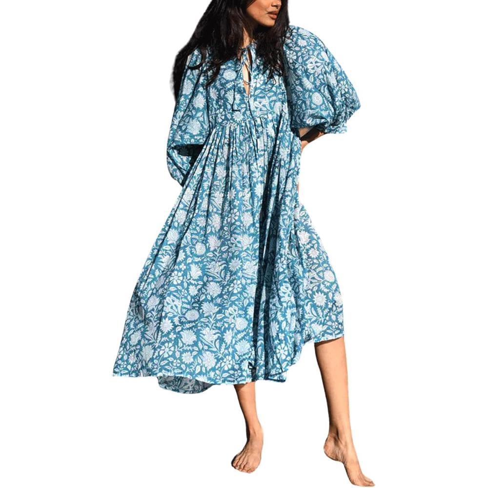 CHARTOU Women’s Vintage Floral 3/4 Sleeve Ruffle Midi Long Dress V Neck ...
