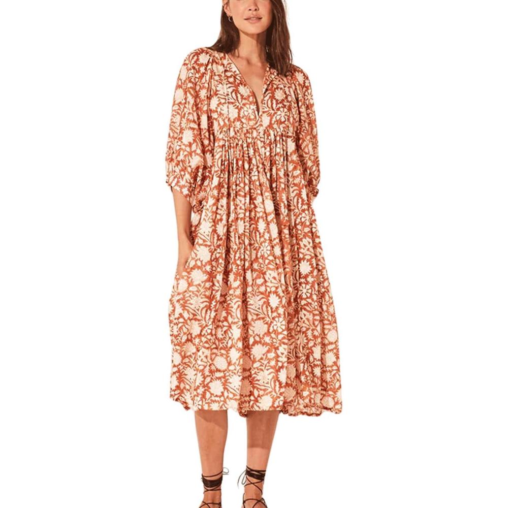 CHARTOU Women’s Vintage Floral 3/4 Sleeve Ruffle Midi Long Dress V Neck ...